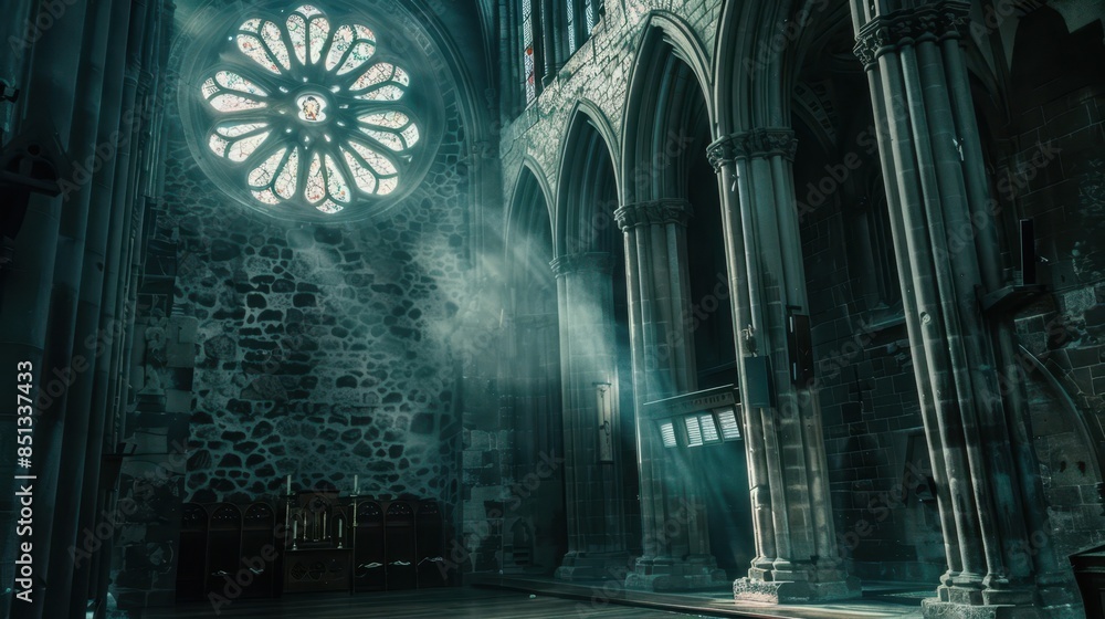 Bright, spacious, and empty cathedral interior with white walls and ...