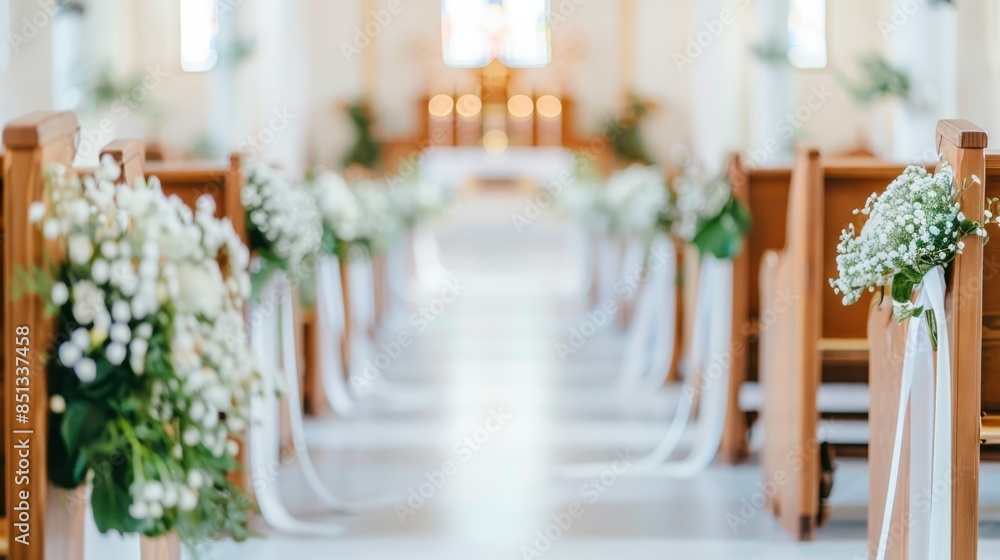 Beautifully decorated church aisle with white floral arrangements and ...