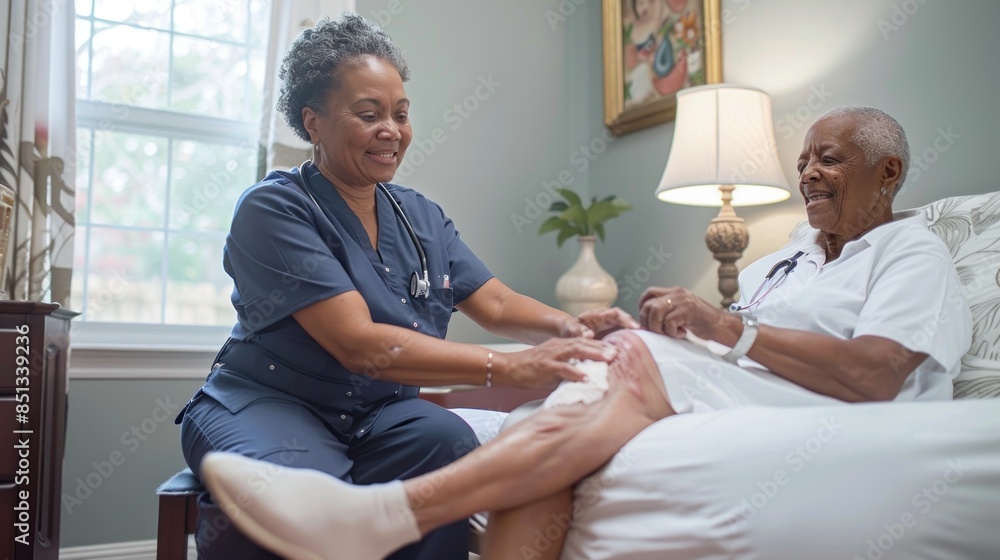 A dedicated home healthcare worker providing wound care for a senior ...