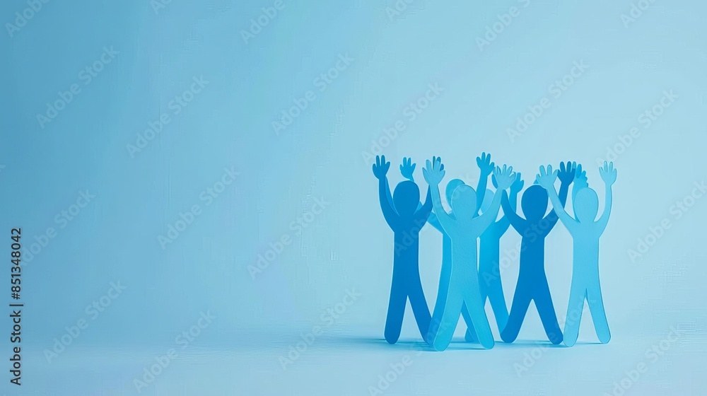 Team building Team of blue paper cutout figures high-fiving, placed ...