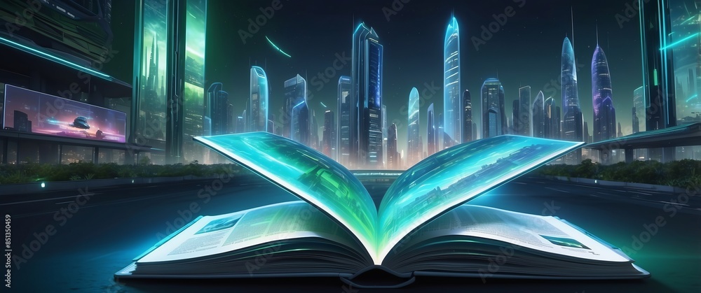 An open book set against a glowing futuristic city with neon lights and ...