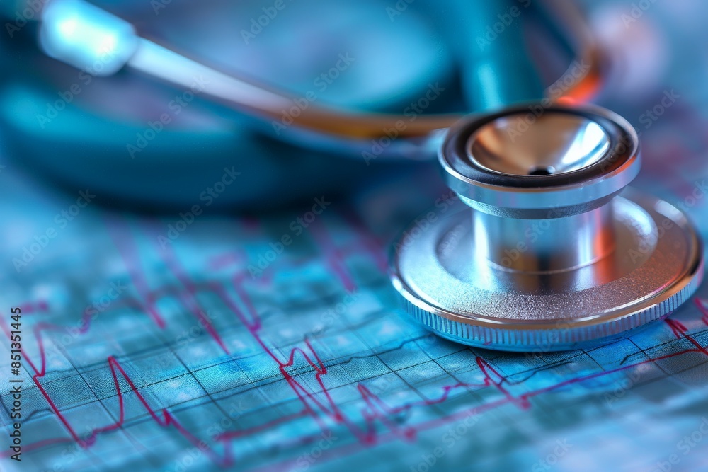 Close-up of a stethoscope and EKG results, representing heart disease ...