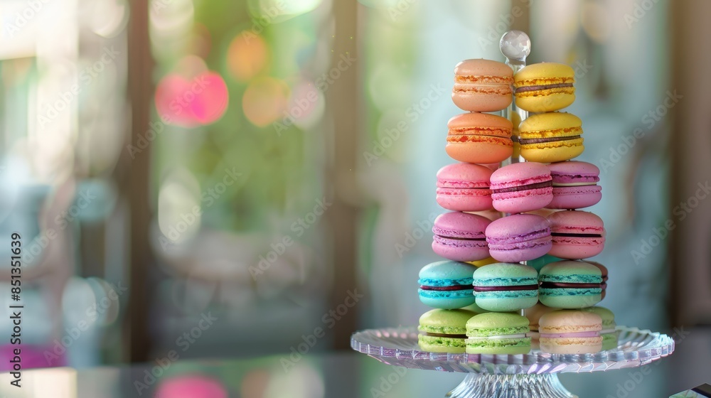 Vibrant pastel macarons arranged in a whimsical tower for a colorful ...