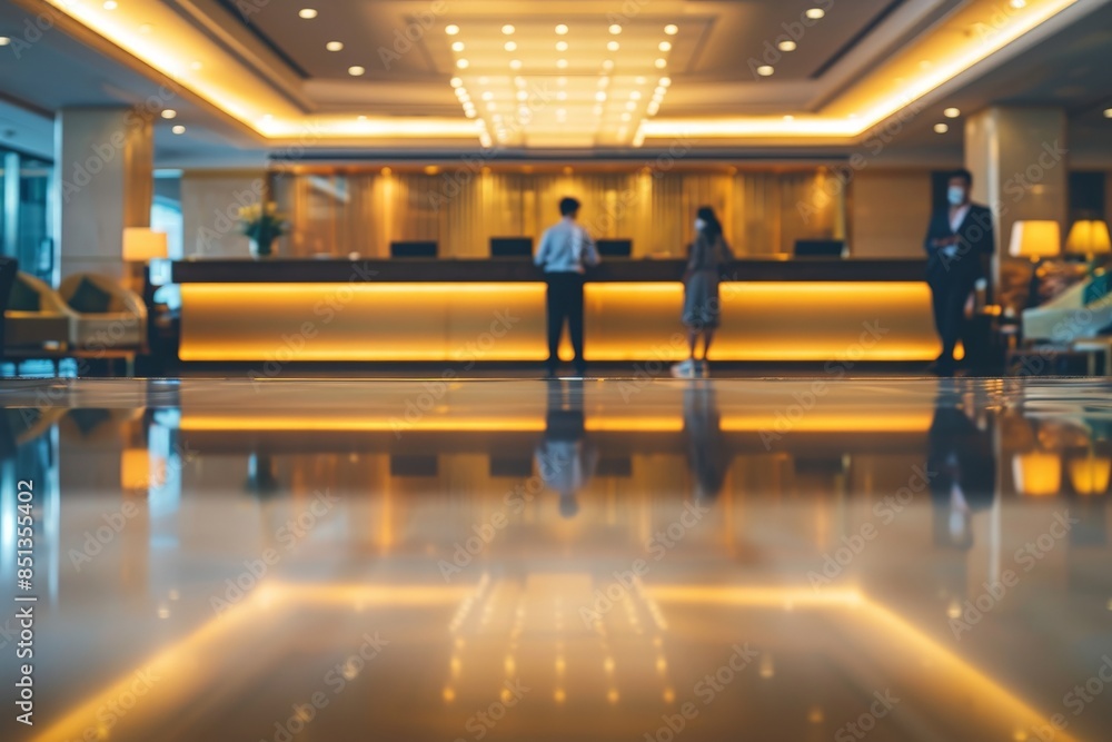 Hotel check-in desk with welcoming staff, focus on, guest experience ...