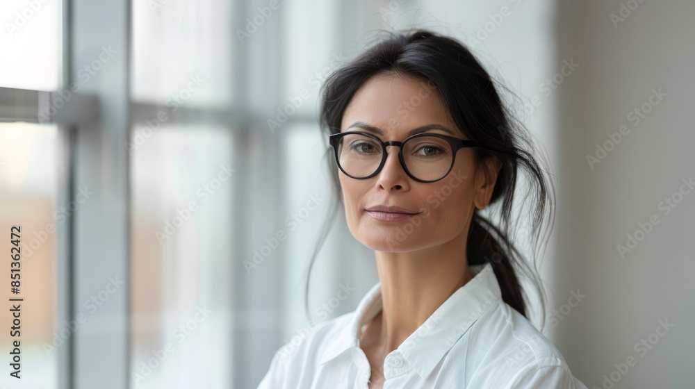 Beautiful 45 years old gentle Native American woman, wearing glasses ...