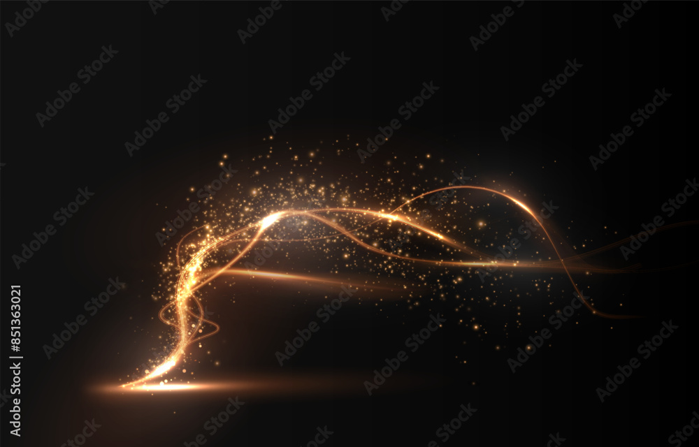 Luminous gold wavy line of light on a transparent background. Gold ...