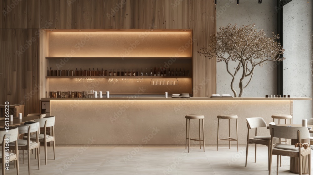 Cozy beige restaurant interior with bar counter and dining tables. Mock ...