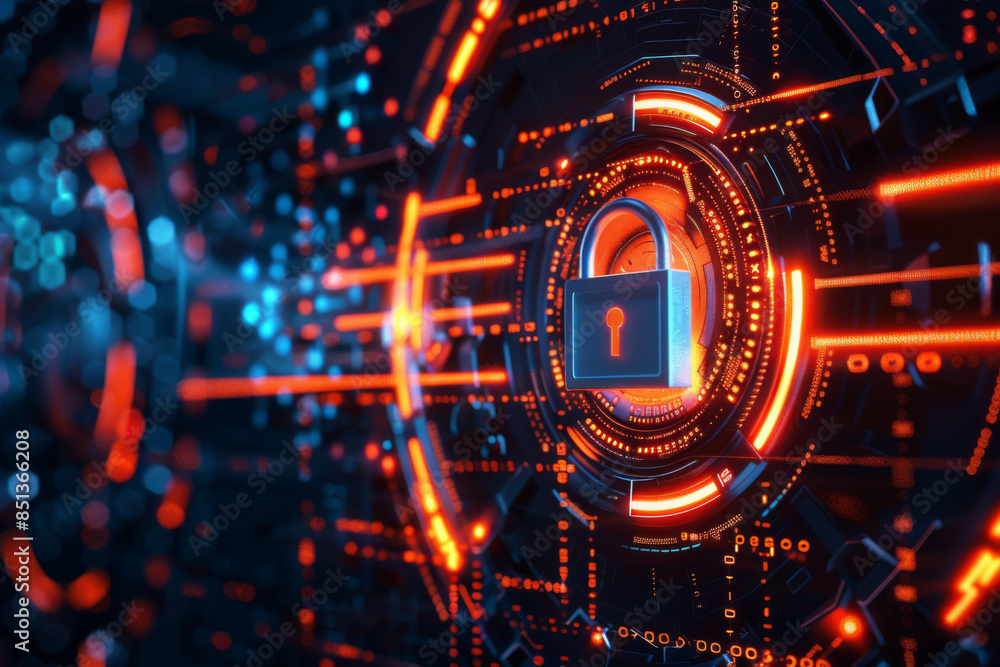 lock symbol on digital background with binary code and circuit board patterns. creating an ...