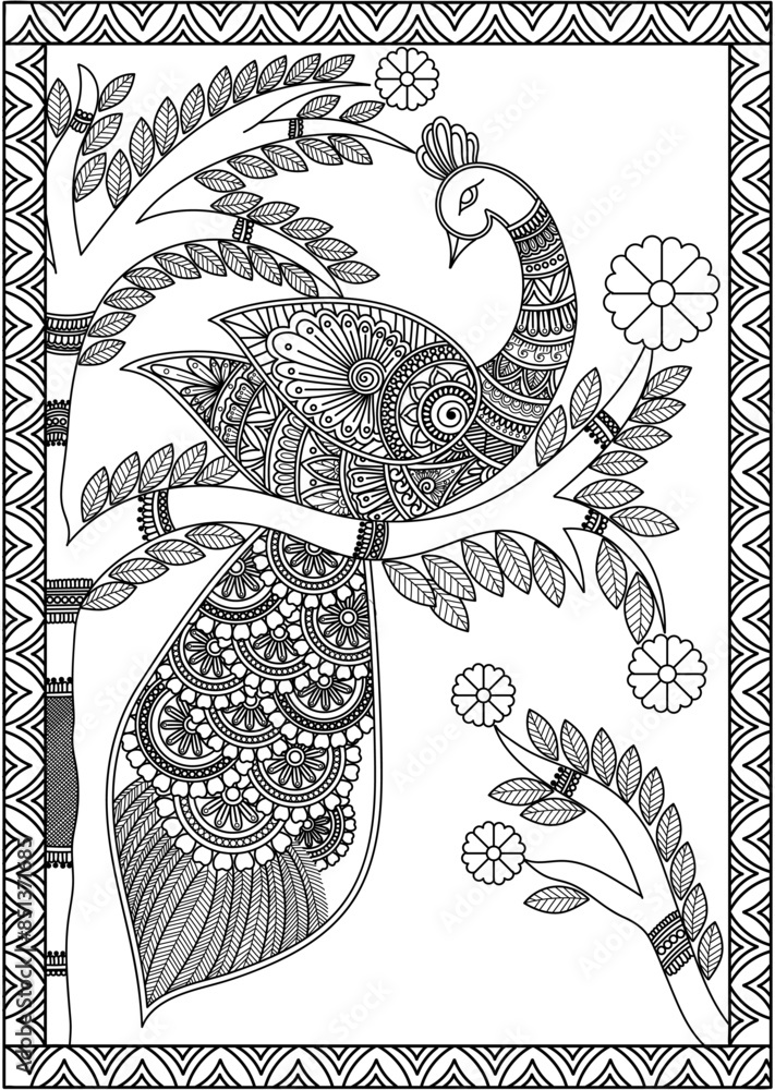 hand-drawn vector illustration of a peacock with a tree background and ...