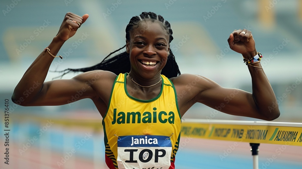 A powerful female runner with the Jamaican flag emblazoned on her ...