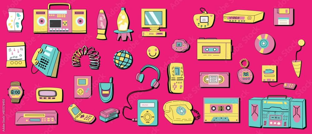 90s retro elements set. Bundle of vintage 1990 graphic illustrations of ...