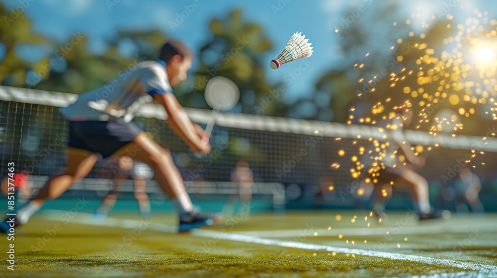 Two badminton players lunge for a shot at the net in a dynamic rally ...