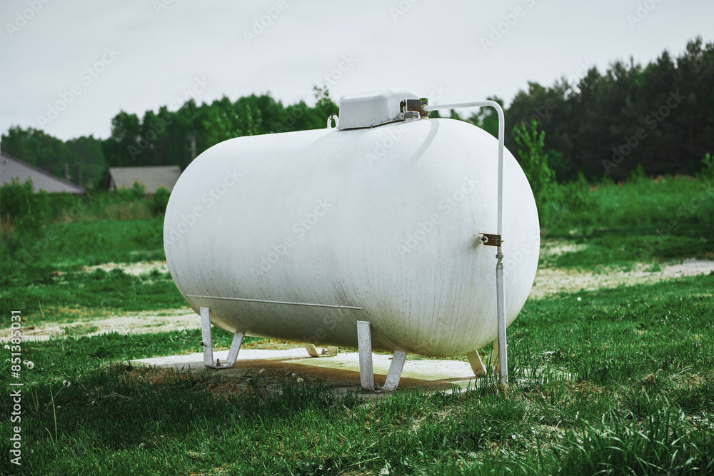 Propane tank providing clean energy to countryside home Stock Photo ...