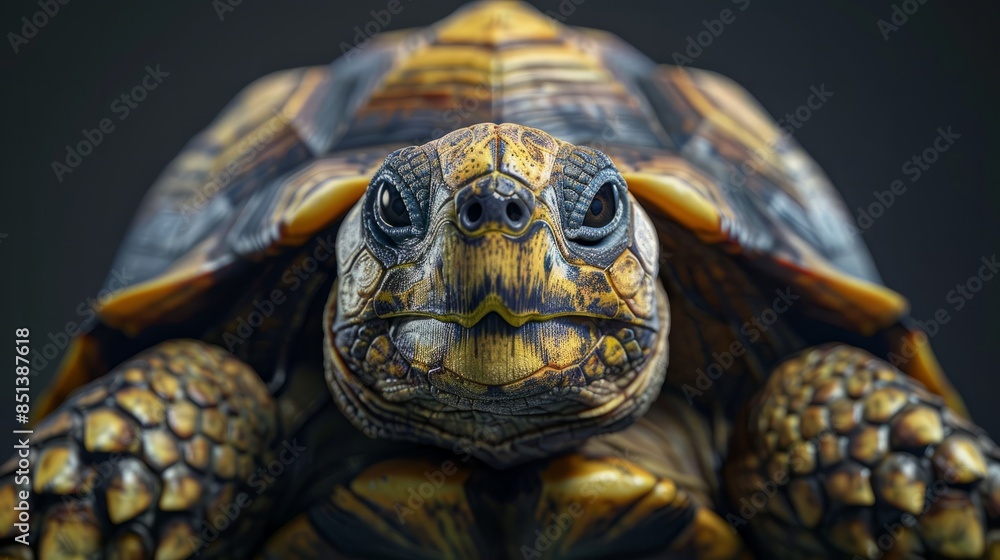 Direct frontal view of a tortoise with detailed shell patterns and ...