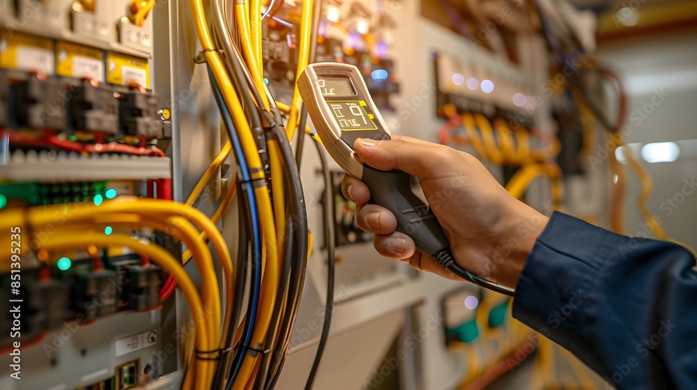 Foto de Engineer uses voltmeter to check electric current in power ...
