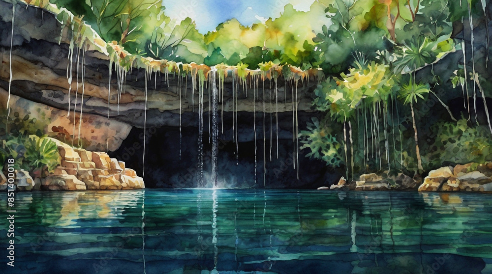 Watercolor painting: The enchanting Ik Kil Cenote in Mexico's Yucatán ...