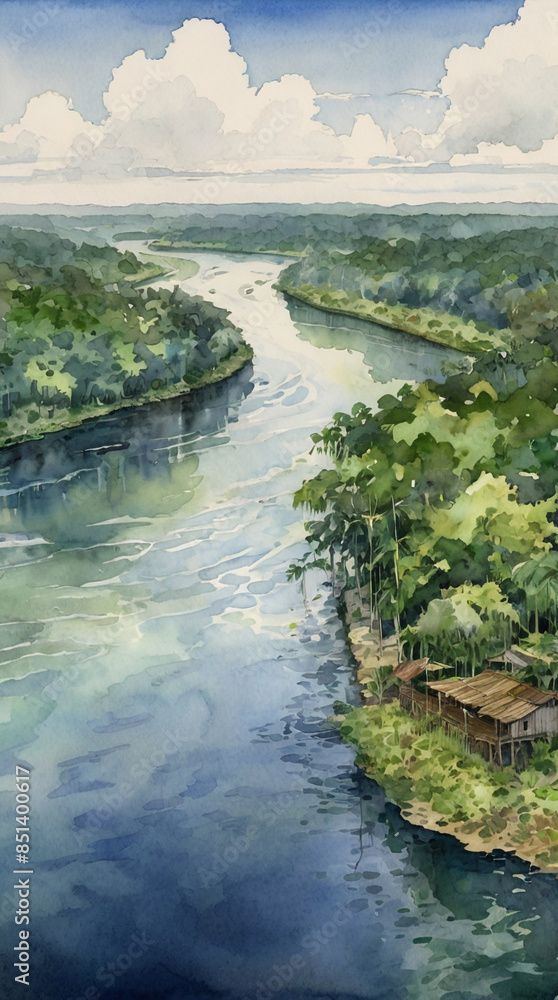Watercolor painting: The mighty Amazon River, the largest river by ...