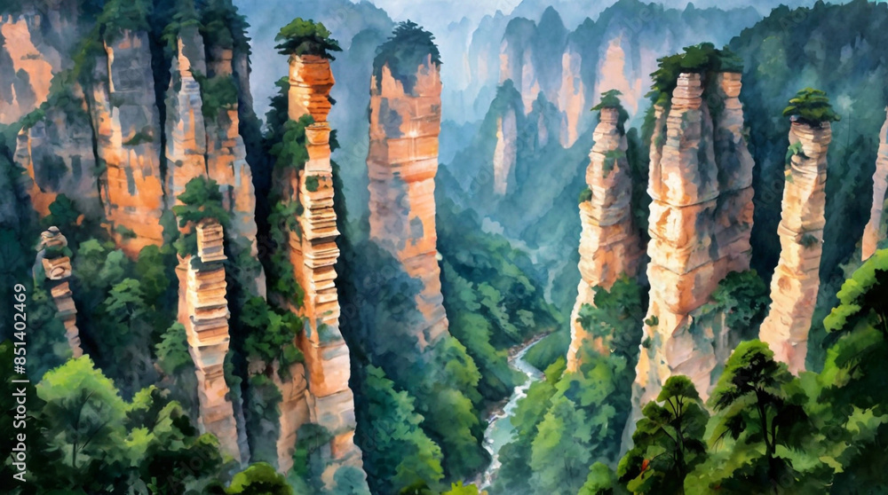 Watercolor painting: The striking beauty of Zhangjiajie National Forest ...