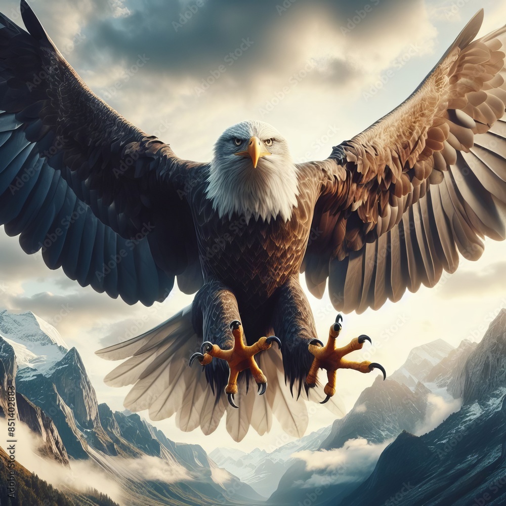A bald eagle descends with outstretched talons into a picturesque ...