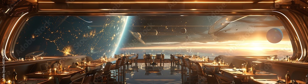 A large restaurant on the ring of an interstellar space station, with a ...