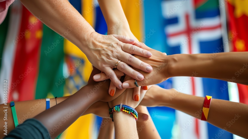 Closeup of multinational team members putting hands together in a stack ...