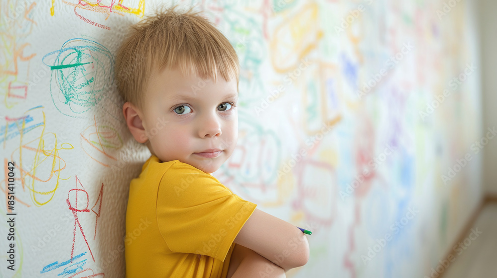 Boy with a distracted face because he drew the entire wall. Child ...