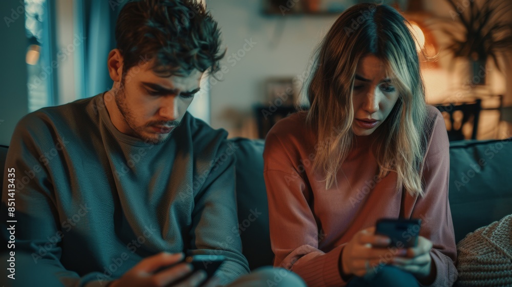 concerned couple looking at their smartphones, sitting on a couch in a ...