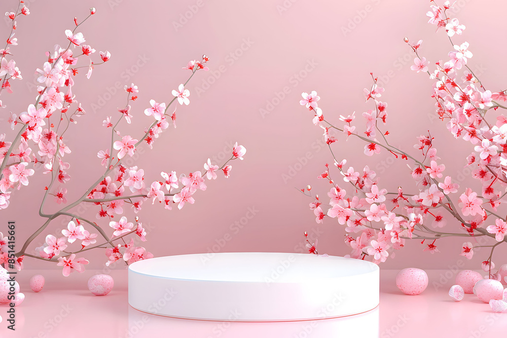 Product Displays on White Podiums with Cherry Blossom Backgrounds. luxury white podium in Cherry ...