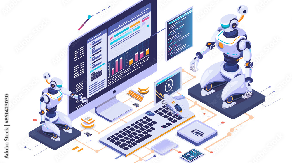 Vector illustration of automation data analysis concept. Marketing bot ...