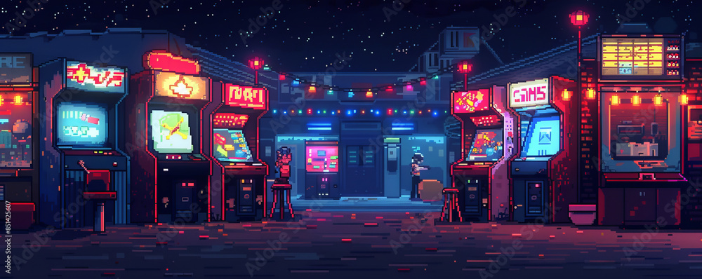 A pixel art rendition of a retro arcade scene, with pixelated ...