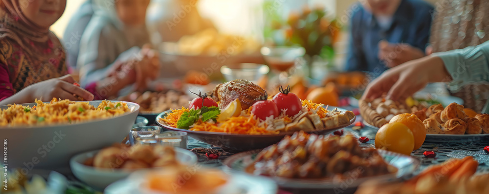 A close-up photo of a Muslim Eid al-Fitr celebration with families and ...