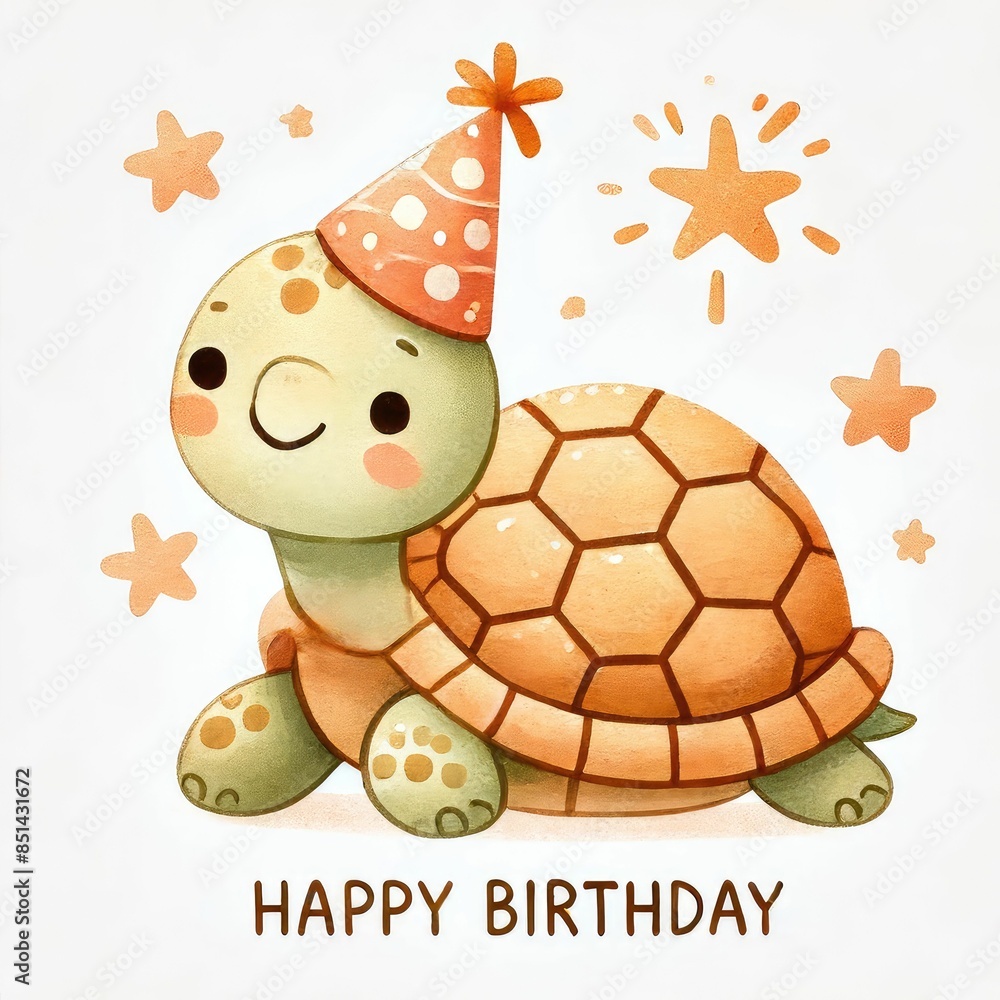 cute turtle, birthday theme. earth tone color, watercolor illustration ...