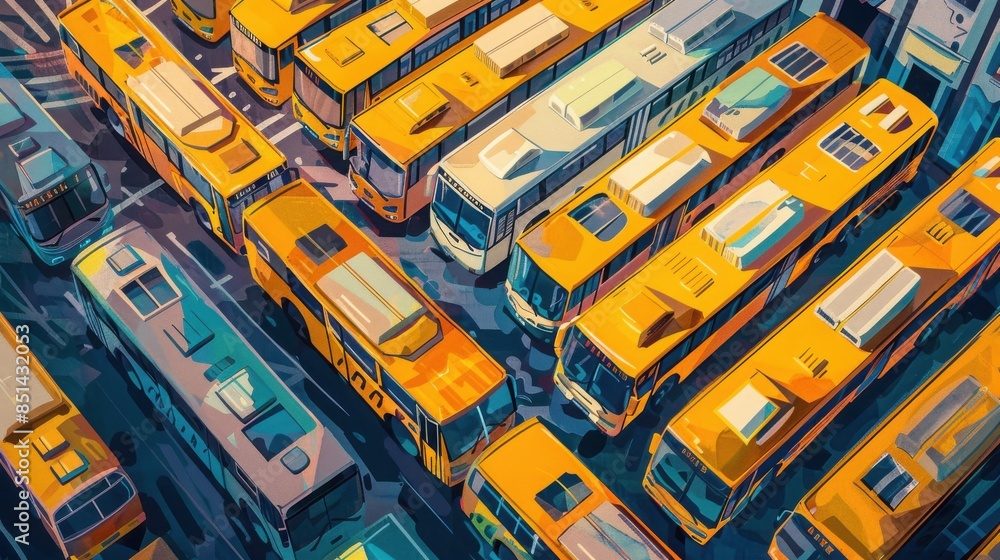 Aerial view of crowded urban bus depot with numerous yellow buses ...
