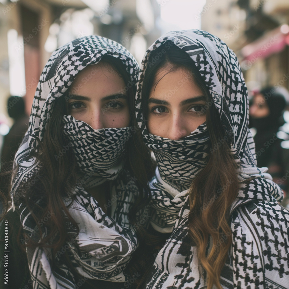 two middle eastern arabic female models, wearing traditional ...