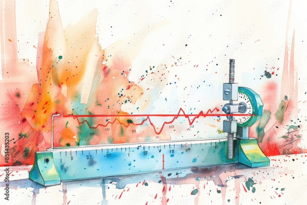 Vibrant watercolor art of a seismograph, capturing motion and data in a ...