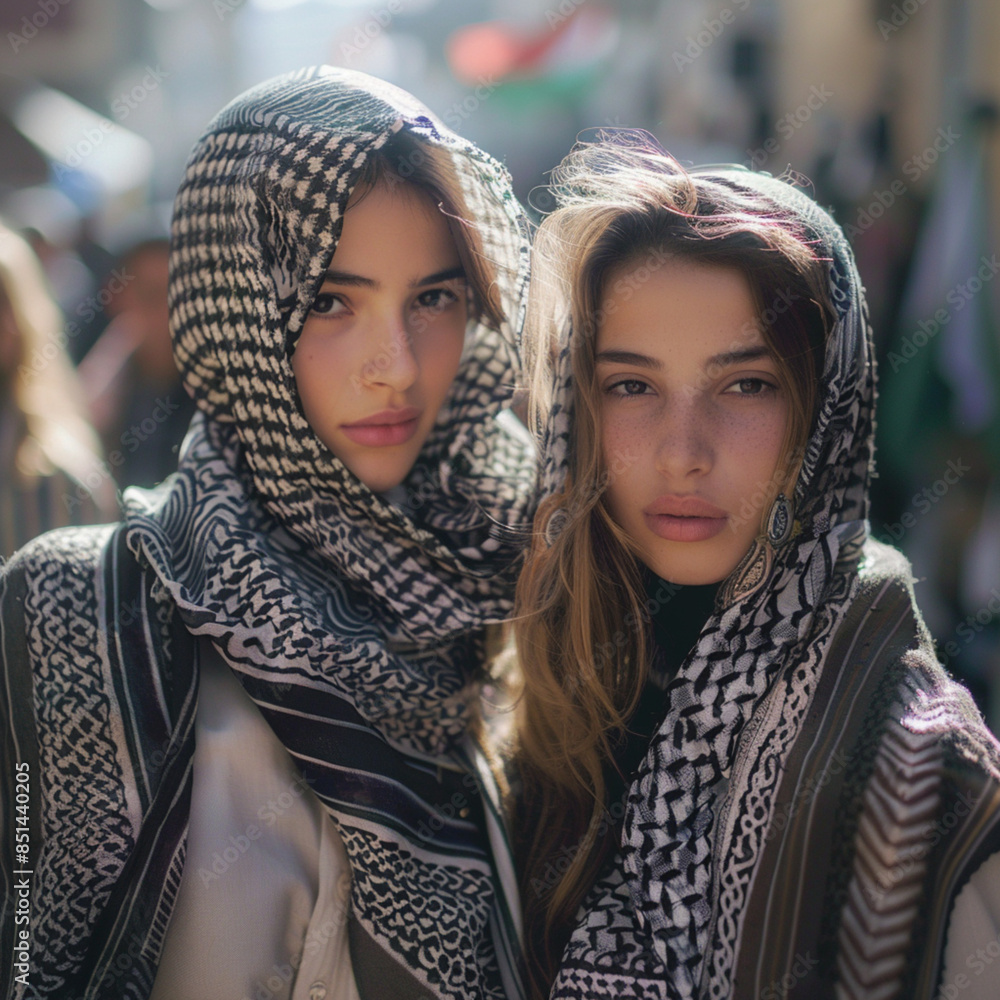 two middle eastern arabic female models, wearing traditional ...