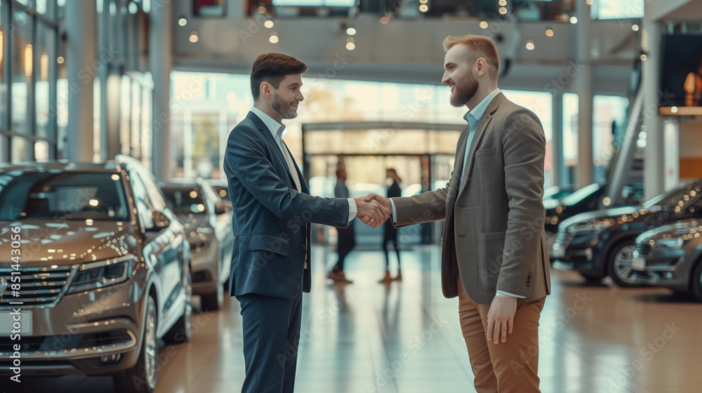 Customer and Sales Assistant Shaking Hands in Car Showroom. A ...