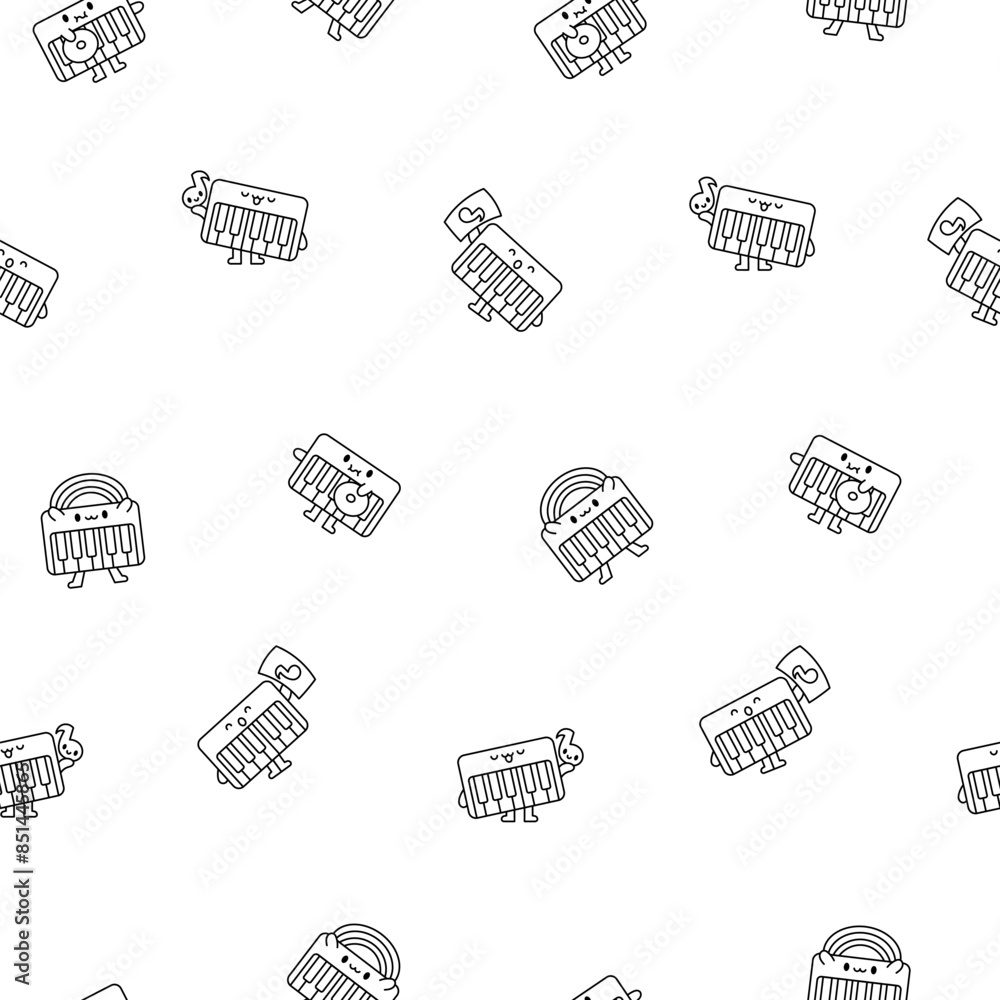 Cute piano character. Seamless pattern. Coloring Page. Cartoon musical ...