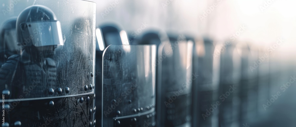 Line of riot police officers with shields and helmets, preparing for ...