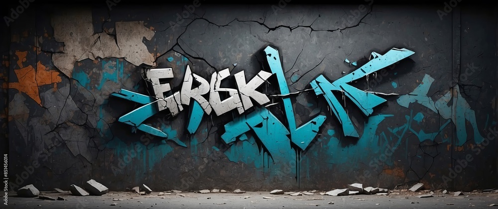 Vibrant street art graffiti on a cracked concrete wall, blending blue ...