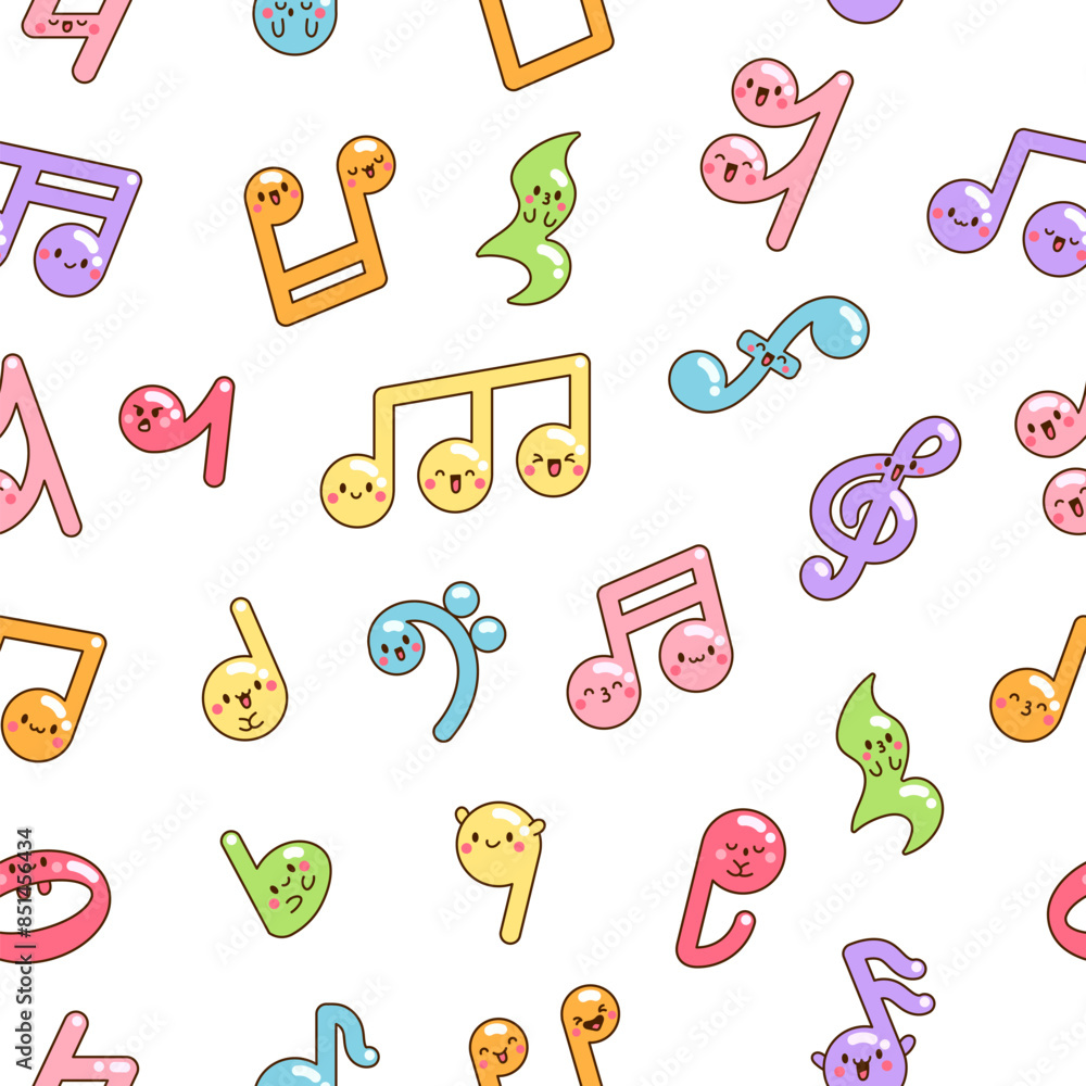 Cute kawaii music notes. Seamless pattern. Funny cartoon character ...