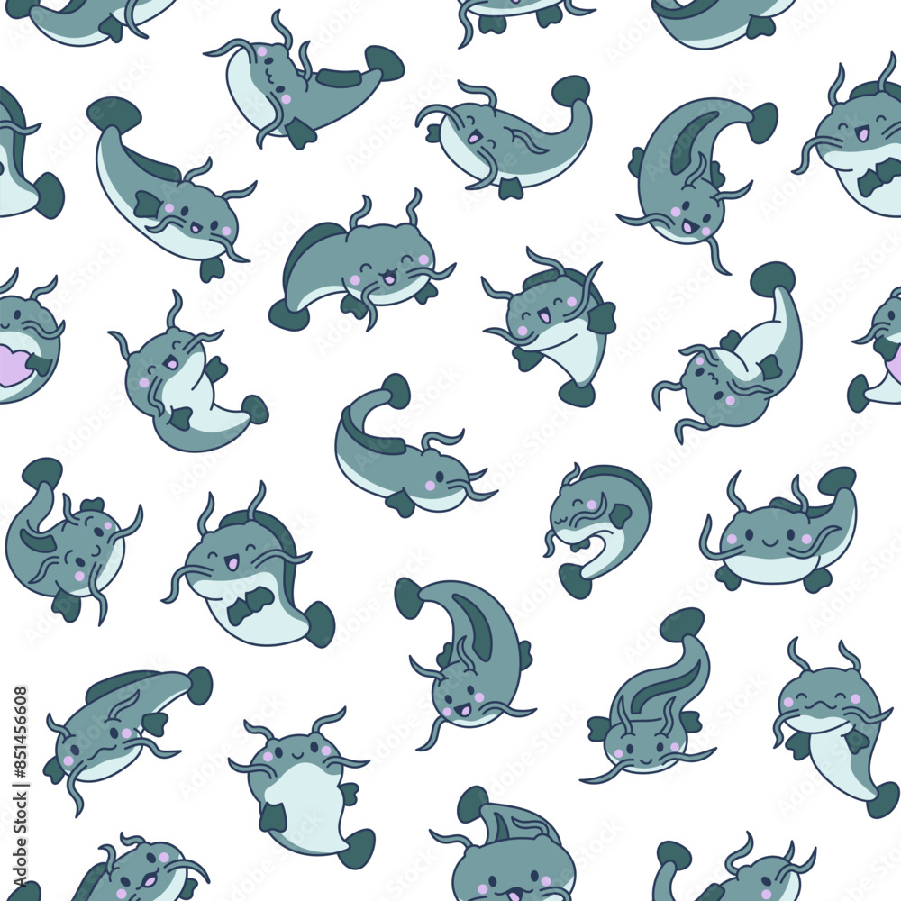 Cute kawaii catfish in different poses. Seamless pattern. Funny cartoon ...
