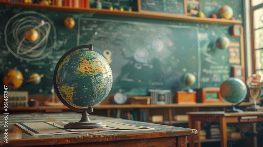 An educational scene featuring a classroom globe with detailed maps ...