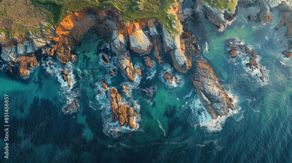 An aerial photograph of a rocky coastline, showcasing the geological ...