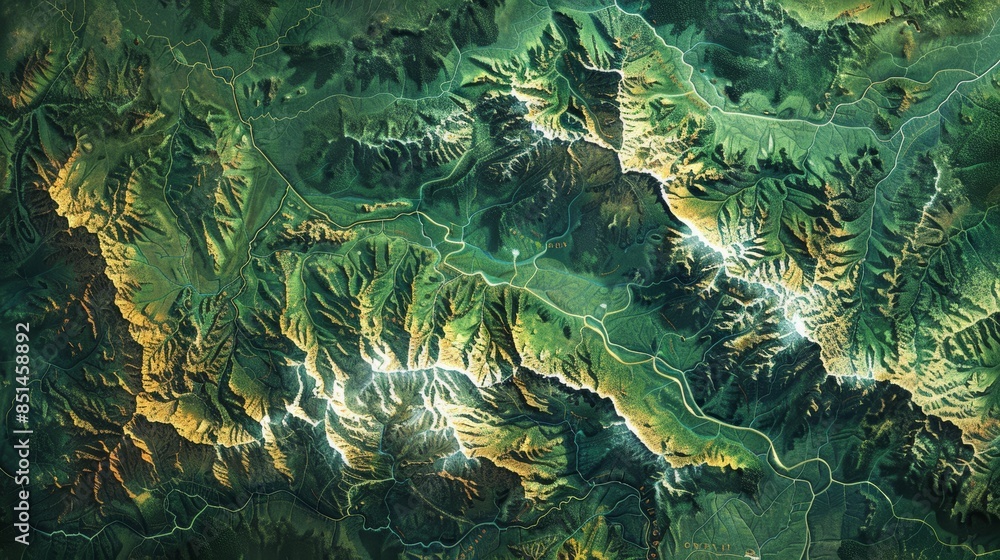 A detailed satellite image showing the geographical features of a ...