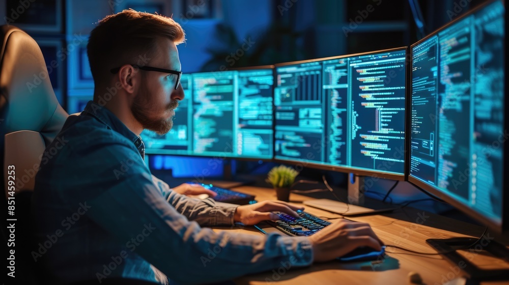 Side view of professional software developer coding program or engineering prompt. Skilled ...