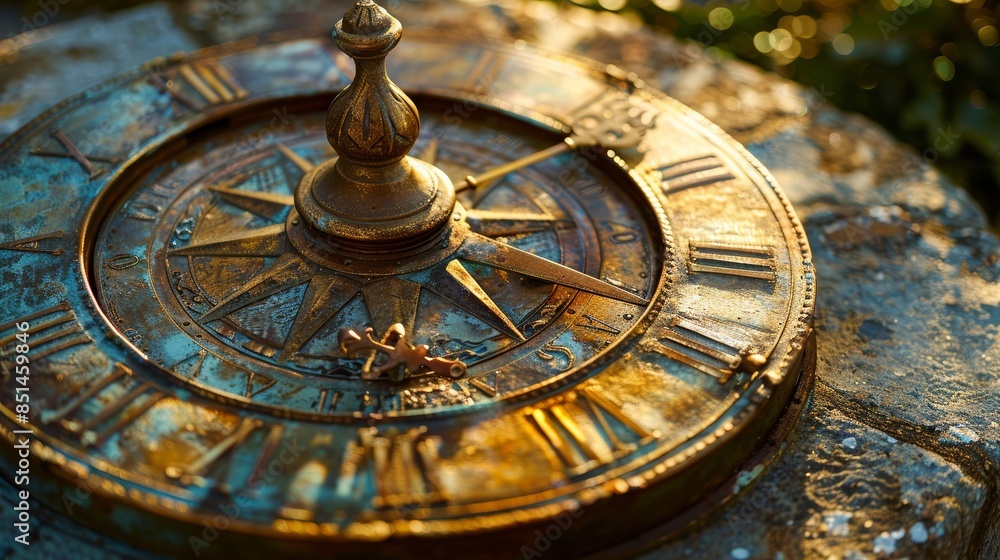 A close-up photograph of a sundial, with the shadow cast by the sun ...