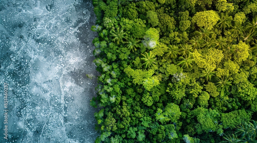 An aerial photograph comparing a polar ice cap, a tropical rainforest ...
