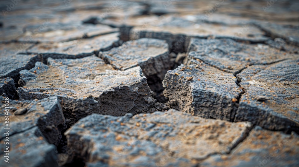 A close-up photograph of cracked ground and fissures caused by tectonic ...