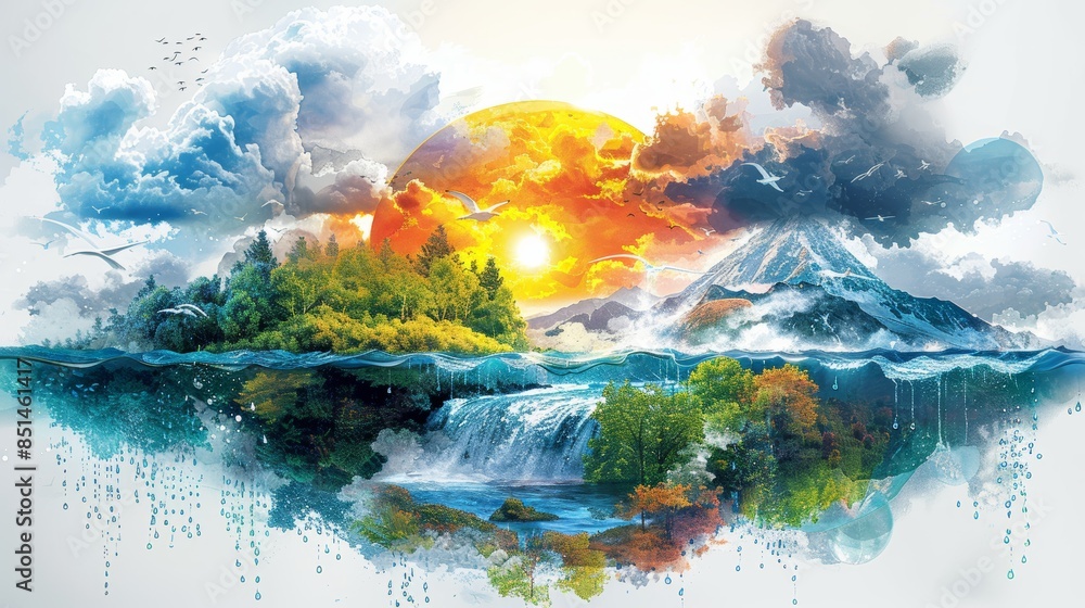 An artistic representation of the water cycle, depicting how water ...